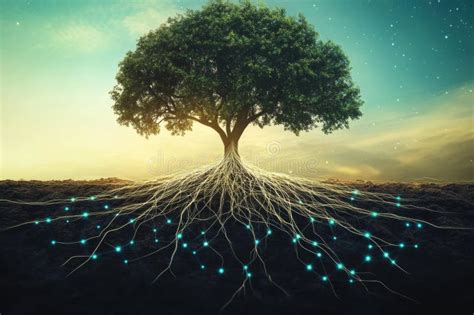 Tree With Roots Resembling A Neural Network Symbolizing Organic Intelligence In A Serene
