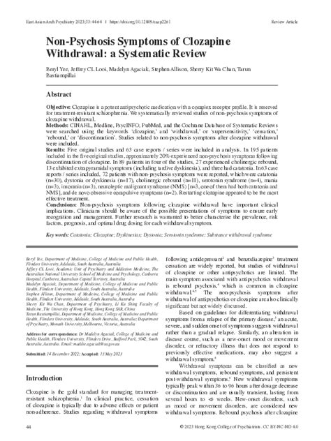 Pdf Non Psychosis Symptoms Of Clozapine Withdrawal A Systematic Review