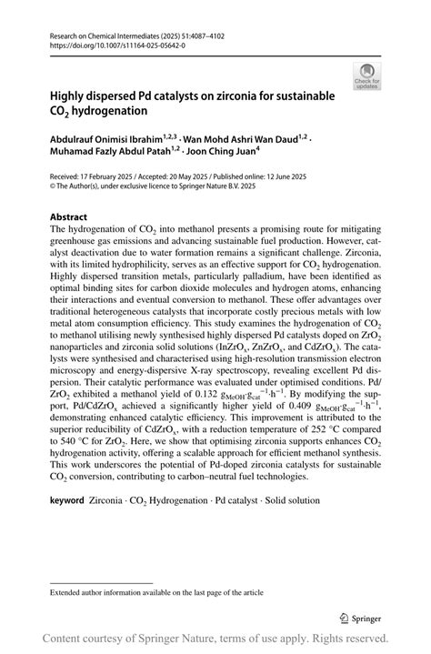 Highly Dispersed Pd Catalysts On Zirconia For Sustainable Co2 Hydrogenation
