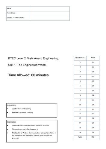 Btec Engineering Level 2 Unit 1 Engineered World Mock Exam B
