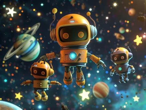 A Charming 3d Illustration Of Friendly Robots Floating In Outer Space