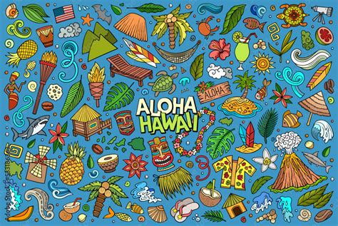 Colorful Vector Doodle Cartoon Set Of Hawaii Objects And Symbols Stock