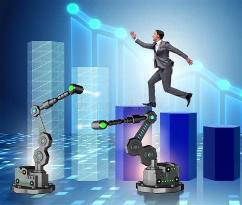Businessman Walking Up The Chart Supported By Robotic Arm Stock Illustration Illustration Of
