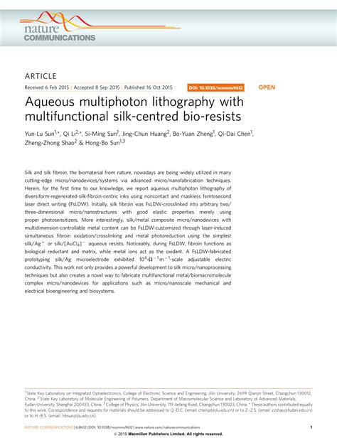 Pdf Aqueous Multiphoton Lithography With Multifunctional Silk Centred