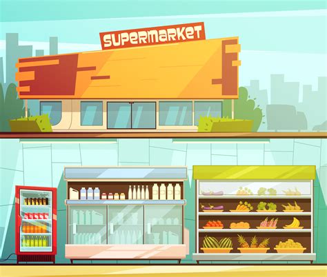 Supermarket 2 Retro Cartoon Banners Set 471543 Vector Art At Vecteezy