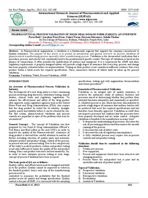 Process Validation Of Tablet Formulations Pdf Verification And