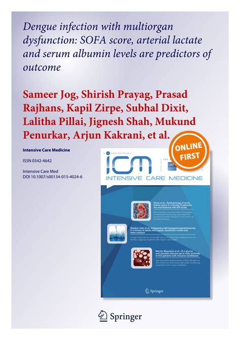 Pdf Dengue Infection With Multiorgan Dysfunction Sofa Score Arterial Lactate And Serum