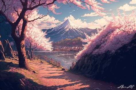 Cherry Blossom In Japan With Mountain Graphic By Alone Art · Creative