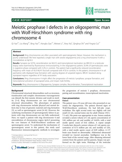Pdf Meiotic Prophase I Defects In An Oligospermic Man With Wolf