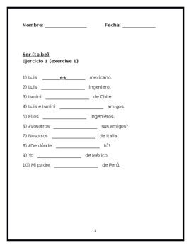 Spanish Verb Ser Present Tense Conjugation Exercises Worksheets By