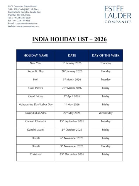 India Holiday List 2026 Pdf