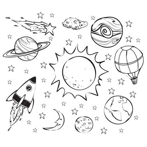 Premium Vector Space Theme Doodle Planet Earth Sun Stars Moon Rocket