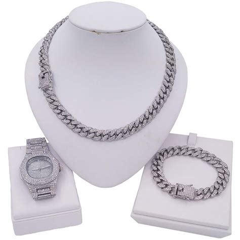 Hip Hop Set Miami Cuben Necklace Bracelet Icedout Watch Silver Color 4