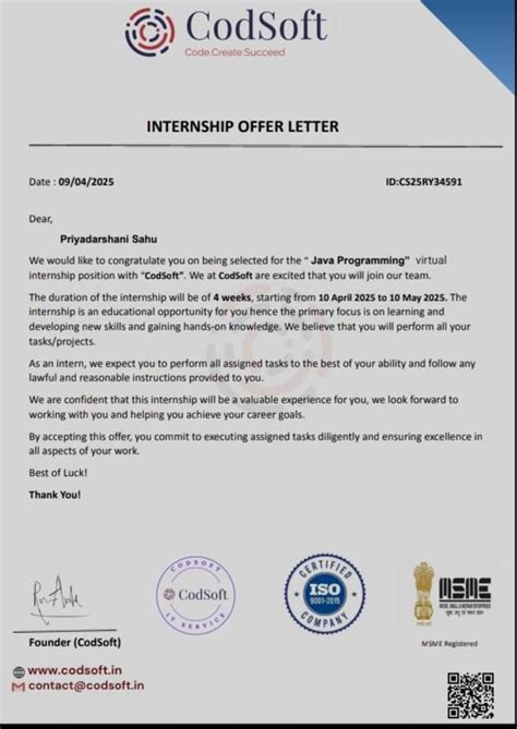Codsoft Javainternship Offerletter Techcareer Handsonlearning