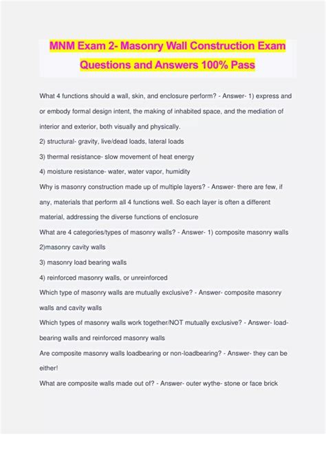 Mnm Exam 2 Masonry Wall Construction Exam Questions And Answers 100 Pass Mnm Stuvia Us