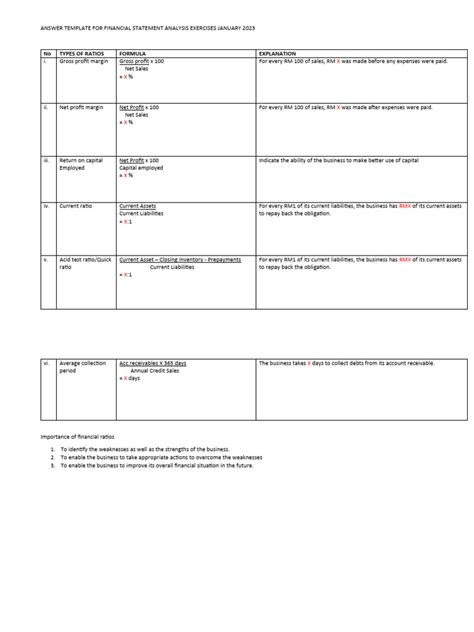 Answer Template For Financial Statement Analysis Exercises January Pdf Inventory Cost Of