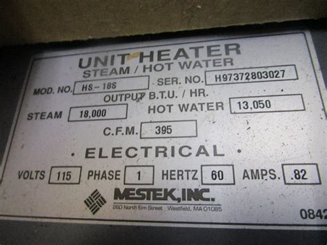 Nob Mestek Horizontal Unit Heater Steam Hot Water Hs 18s 82a 115v 1ph