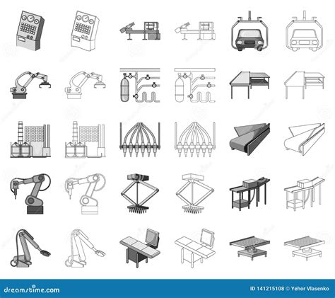 Equipment And Machine Monochrome Outline Icons In Set Collection For Design Technical Progress