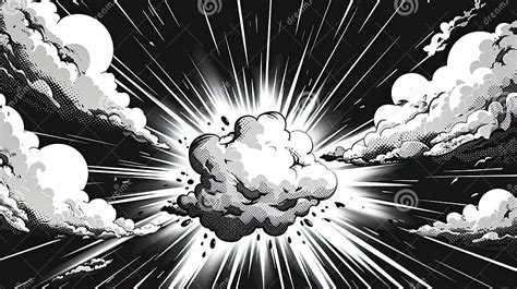 Dramatic Scene Of Large White Cloud Exploding With Radiating Lines And Smaller Clouds Around It