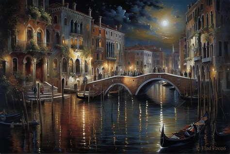 Vibrant Nighttime Scene In Venice With Moonlit Canals Deep Dream