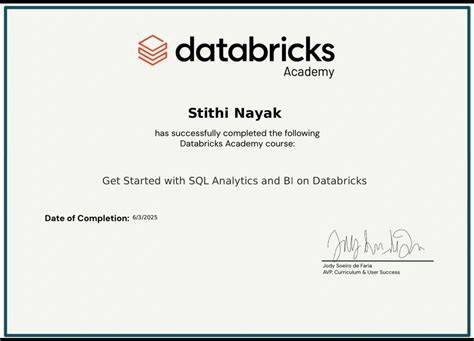 Databricks Sqlanalytics Businessintelligence Dataanalytics Continuouslearning Certificate