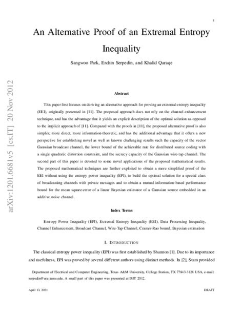 Pdf 1 An Alternative Proof Of An Extremal Entropy Inequality
