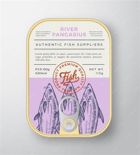 통조림된 강 물고기 추상적인 벡터 알루미늄 컨테이너 포장 디자인 또는 레이블 현대 인쇄 술 배너 손으로 그린 Pangasius 실루엣 레터링 로고 색 종이 배경 레이아웃