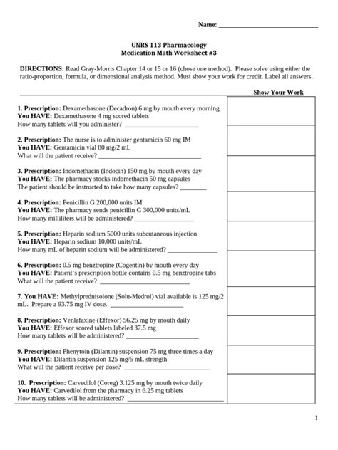 Unrs 113 Medication Math Worksheet 3 Pdf Kilogram Teaspoon