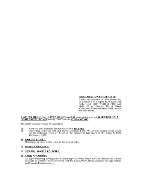 Declaration Form Cz 50 Fill Pdf Financial Services