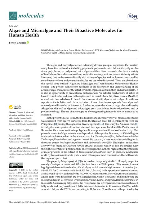 Pdf Algae And Microalgae And Their Bioactive Molecules For Human Health