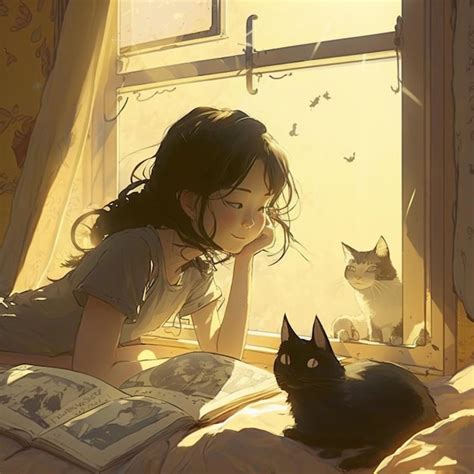 Chica De Anime Leyendo Un Libro Con Un Gato Sentado En Su Regazo Foto