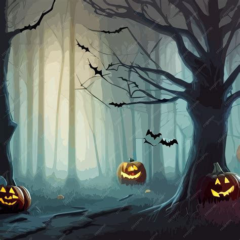 Premium Vector Dark Forest Halloween Background With Bats Trees