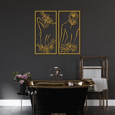 Nude Female Body Wall Art Set Of 2 Gold Female Body Modern Line Art