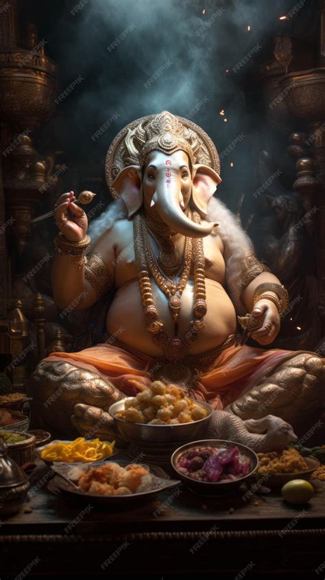 Premium Ai Image Lord Ganesh Eating Laddos Mockup