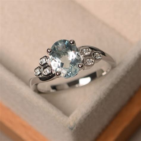 Aquamarine Ring Oval Blue Aquamarine Ring Natural Blue Gemstone