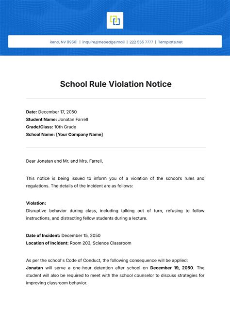 Free School Rule Violation Notice Template To Edit Online