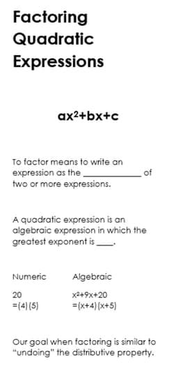 Algebra 1 Factoring Quadratic Expressions Guided Notes Interactive Notebook