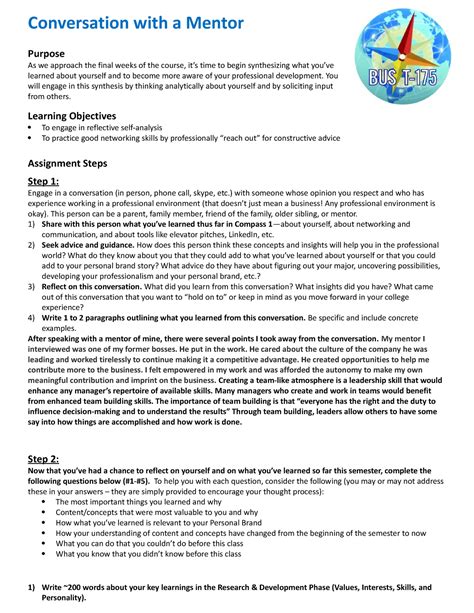 Conversation With A Mentor Assignment Sheet Conversation With A