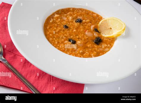A Bowl Of Traditional Turkish Red Lentil And Bulgar Wheat Soup