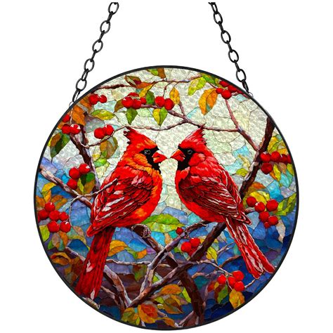 Northern Red Cardinal On Berry Tree Stained Glass Suncatcher Handmade