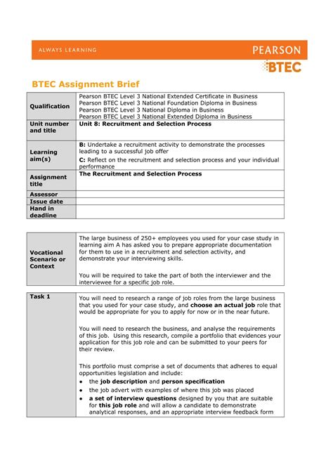 Assignment Brief 2 Unit 8 Learning Aim B And C Unit 8 Recruitment And Selection Process