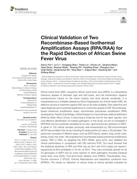 Pdf Clinical Validation Of Two Recombinase Based Isothermal Amplification Assays Rparaa For