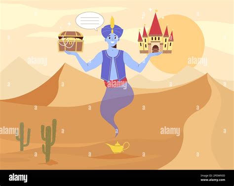 Fairy Tale Flat Composition With Desert Scenery And Flying Jinn