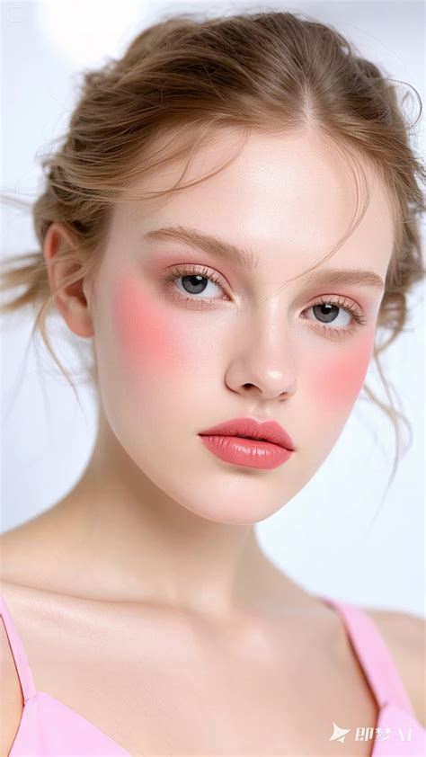 欧美腮红模特，披着头发，浅棕色系头发，白色背景，淡粉色裙子， 立体的五官，嘟嘟的嘴唇，浅色唇，精致的妆容，网红妆容，超写实，氛围感，逼真的细节刻画 最高质量 2 花瓣网