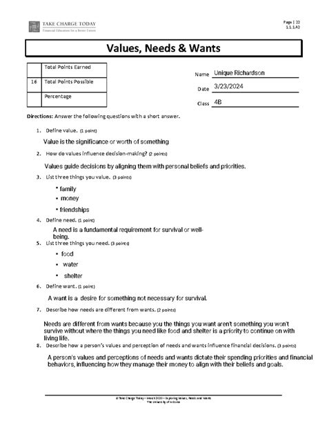 Values Needs Vs Wants Page 22 111 © Take Charge Today March