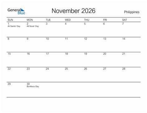 November 2026 Monthly Calendar With Philippines Holidays