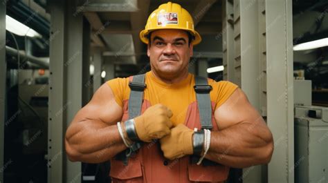Premium Ai Image Photograph Of An Engineer In Orange Uniform And Yellow Helmet With Big Muscles
