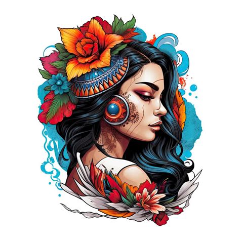 Tattoo Style Portrait Of Chicano Girl Mexican Woman With Flowers Art Isolated Premium Ai