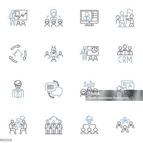 기업 워크샵 라인 아이콘 컬렉션입니다 교육 팀워크 리더십 협업 커뮤니케이션 혁신 생산성 벡터 및 선형 그림 전략 창의성 개발 개요 표지판 세트 결정에 대한 스톡 벡터 아트