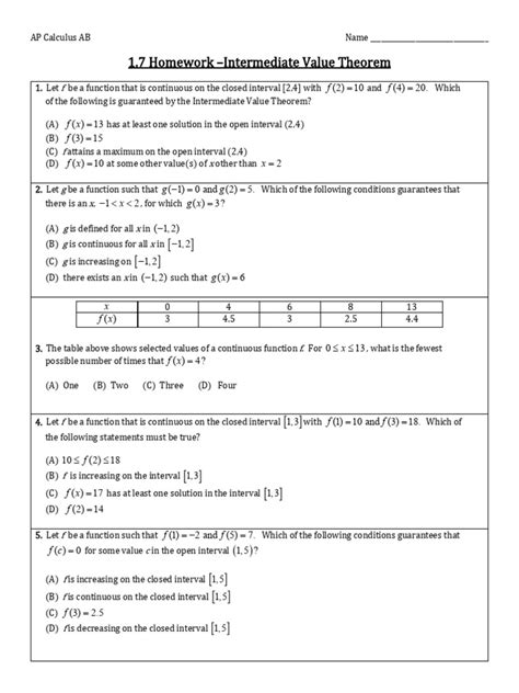17 Hw Intermediate Value Theorem Pdf Mathematical Analysis